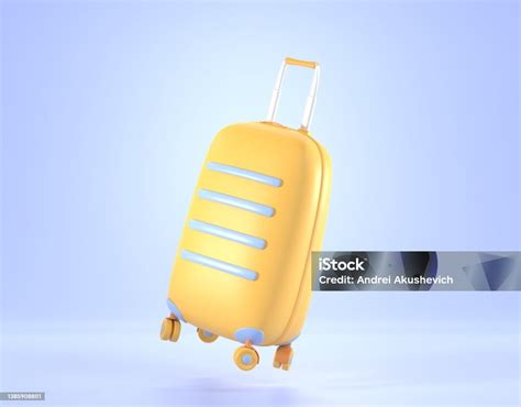 바퀴가 달린 노란색 플라스틱 가방 각도 보기 여름 여행 이나 푸른 하늘 배경에 휴가 여행에 대 한 비행 수하물 가방 항공편 및 바다 해변 휴가 용 수하물 3d 렌더링 여행