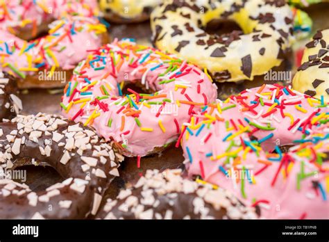 Set Of Different Colorful Glazed Donuts Unhealthy Junk Food Concept