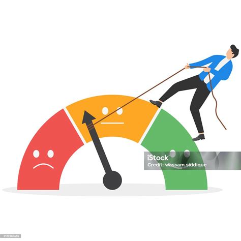 성과 평가 또는 고객 피드백 신용 점수 또는 만족도 측정 품질 관리 또는 개선 개념 강력한 사업가는 등급 게이지를 우수하게 만들기 위해 끈을 당깁니다 등급매기기에 대한 스톡