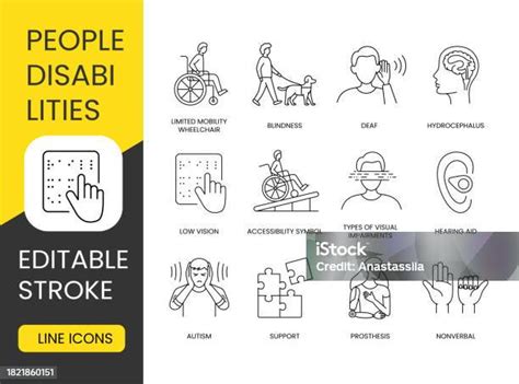 장애가 있는 사람들의 벡터 선형 아이콘 집합입니다 이 편집 가능한 뇌졸중 아이콘은 수두증에서 실명 휠체어 경사로 및 보청기에 이르기까지 다양한 요구 사항을 충족합니다
