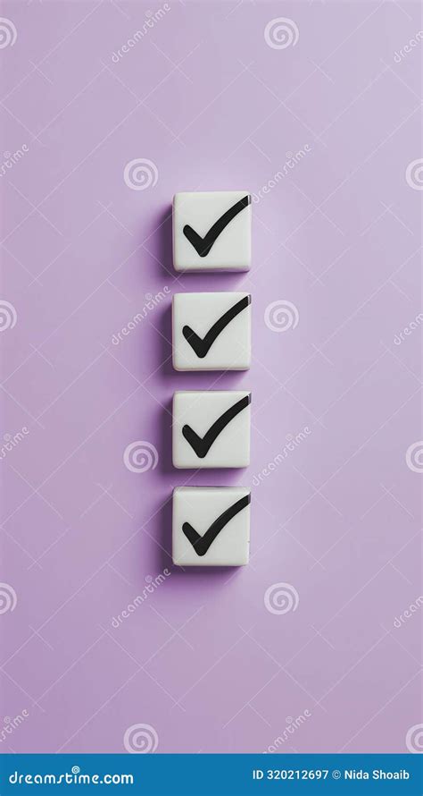 Four Purple Checkmark Tiles On Light Purple Background Creating A Checklist Vibe Stock