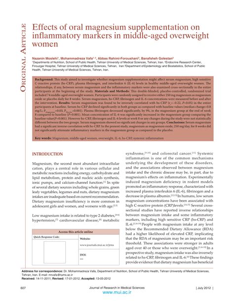 Pdf Effects Of Oral Magnesium Supplementation On Inflammatory Markers In Middle Aged