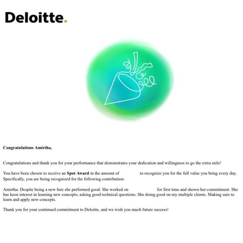Amirtha Varshini On Linkedin Spotaward Deloitte Deloitteusi Recognition Spotaward 14