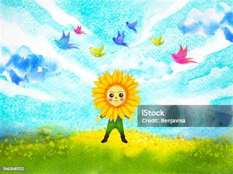 행복 한 아이 노란 해바라기 머리 꽃 인체 마음 정신 건강 영적 상상 힘 영감 에너지 감정 전체 론적 새 무료 예술 수채화 그림 그림 디자인 마음 챙김에 대한 스톡 벡터
