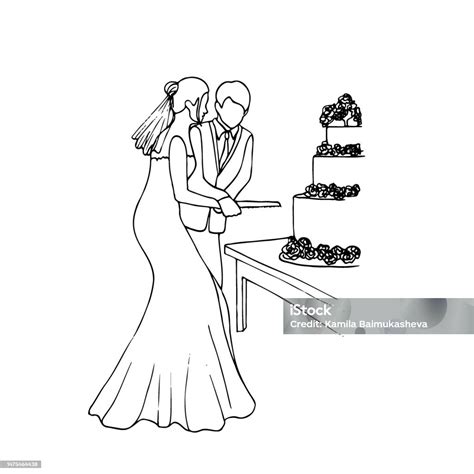 신부와 신랑이 함께 칼을 들고 웨딩 케이크를 낙서 스타일로 자르고 있습니다 손으로 그린 벡터 일러스트 레이 션 웨딩 케이크 절단 신혼 부부 공휴일에 대한 스톡 벡터 아트 및