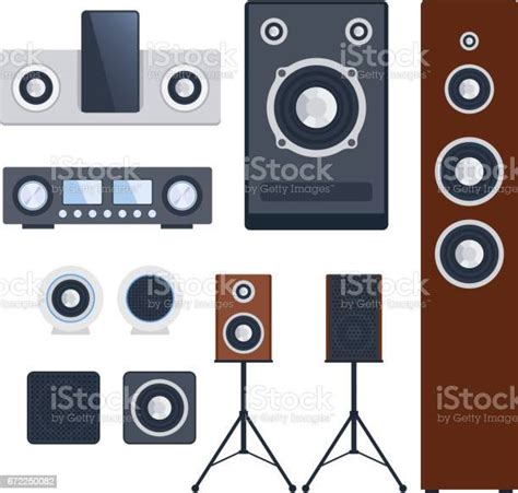 홈 사운드 시스템 스테레오 플랫 벡터 음악 라우드 스피커 플레이어 서브 우퍼 장비 기술 고풍스런에 대한 스톡 벡터 아트 및 기타 이미지 고풍스런 기업 재무와 산업