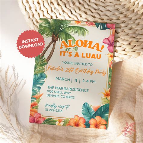 Luau Birthday Invitation Template Tropical Hawaiian Birthday Invite