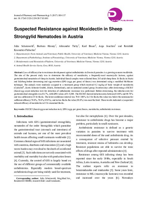 Pdf Suspected Resistance Against Moxidectin In Sheep Strongylid Nematodes In Austria