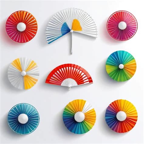 A Colorful Fan Is Hanging On A White Background With A Blue And Yellow Fan Premium Ai