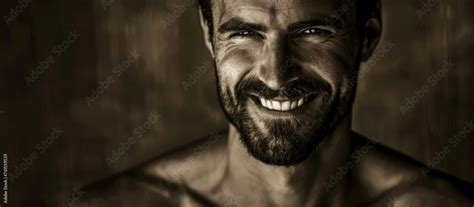 A Shirtless Man With A Beard Is Smiling In A Black And White Photo Showcasing His Happy Smile