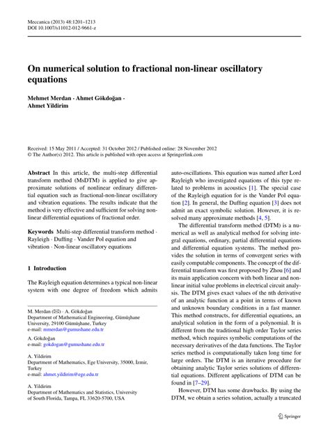 Pdf On Numerical Solution To Fractional Non Linear Oscillatory Equations