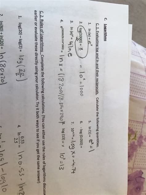 Solved Evaluating Log And In And Their Reciprocals Chegg Com