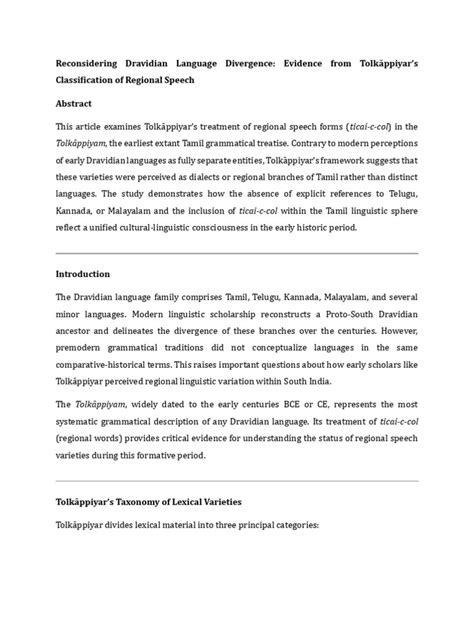 Reconsidering Dravidian Language Divergence Evidence From Tolkāppiyars Classification Of