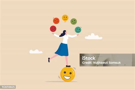 감성 지능 감정 또는 감정 조절 불안과 행복 개념의 성공 또는 균형이 되는 심리학 웃는 얼굴에 쾌활한 여성 균형 저글링 표현 감정적 얼굴 감정 지능에 대한 스톡 벡터 아트