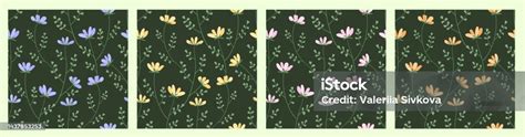 벡터 꽃 이음새가 없는 패턴 잎 야생화 나뭇 가지 꽃꽂이 세트 짙은 녹색 배경에 들판의 풀과 밝은 봄 꽃의 아름다운 구성 0명에 대한 스톡 벡터 아트 및 기타 이미지