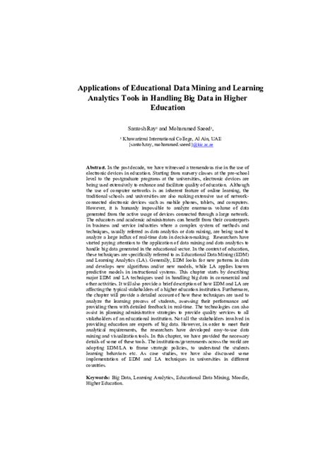 Pdf Applications Of Educational Data Mining And Learning Analytics Tools In Handling Big Data