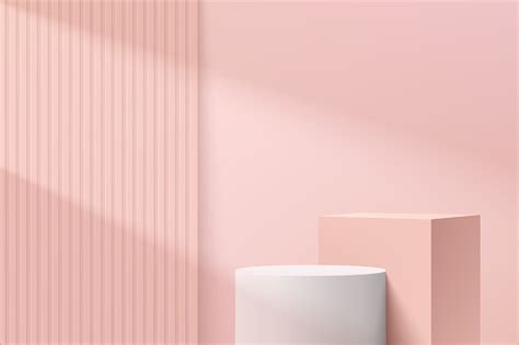 받침대 또는 스탠드 연단3d 추상 스튜디오 룸 조명과 그림자가 있는 분홍색과 흰색 기하학적 플랫폼 화장품 프리젠 테이션 쇼케이스 프로모션 디스플레이를위한 최소한의 벽 장면