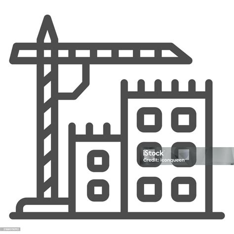 타워 크레인 및 건물 라인 아이콘 건설 개념 벡터 그래픽 주택이 있는 크레인 흰색 배경에 부동산 간판 모바일 또는 웹 디자인용 개요 스타일 아이콘 개발에 대한 스톡 벡터