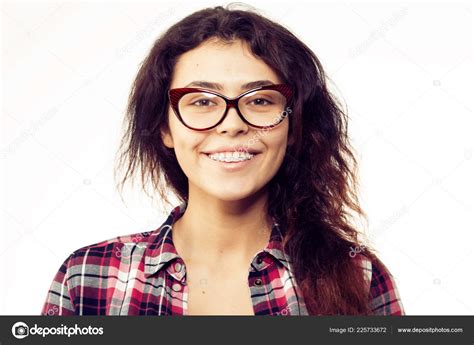 Nerd Girl Glasses Brackets Teeth Positive Excellent Babe Woman Hipster Stock Photo By