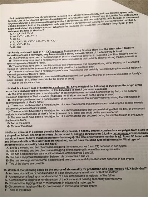 Solved A Nondisjunction Of Sex Chromosomes Occurred In A Chegg Com