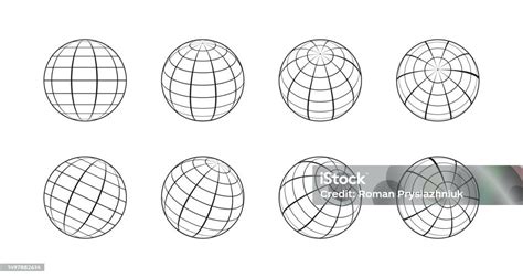 지구 지구는 다른면에서 그리드로 만들었습니다 3d 지구본 그리드 구체의 집합입니다 선형 와이어프레임 세계 지구본은 다양한 위치에 있습니다 벡터 3차원 인쇄에 대한 스톡 벡터