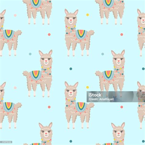 귀여운 만화 손 그리기 라마 알파카와 완벽 한 패턴 인쇄 직물 직물을 위한 디자인 가공의 인물에 대한 스톡 벡터 아트 및 기타 이미지 가공의 인물 귀여운 그래픽