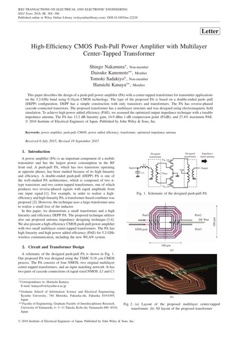 PDF High Efficiency CMOS Push Pull Power Amplifier With Multilayer Center Tapped Transformer