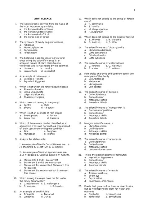 Crop Science Pre Board Review Licensure Examination For Agriculturist