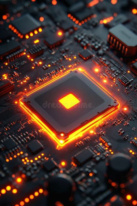 Close Up View Of Glowing Microprocessor On Circuit Board With Vibrant