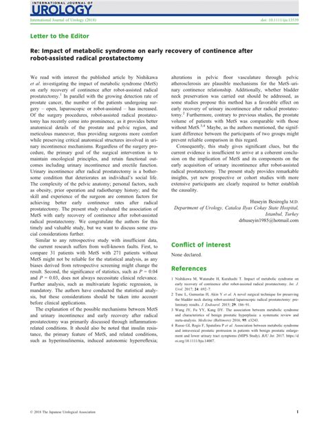 Pdf Re Impact Of Metabolic Syndrome On Early Recovery Of Continence