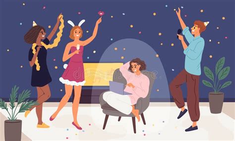 Friends Party Extroverts And Introvert Introverted Girl With Laptop Holiday Celebration Stock