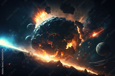 Burning Exploding Asteroids Approaching Planet Earth Ai Stock