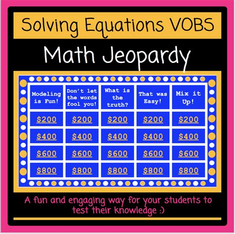 Solving Equations With Variables On Both Sides Jeopardy Style Template Made By Teachers