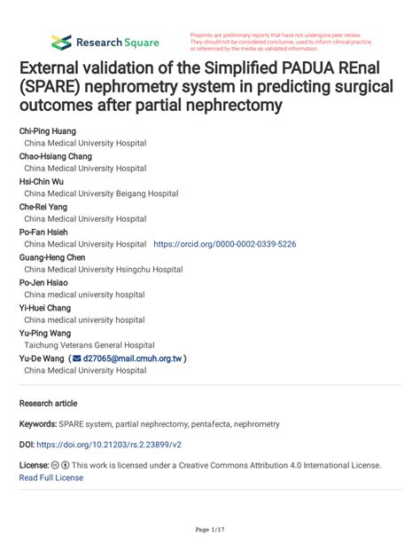 Pdf External Validation Of The Simplified Padua Renal Spare Nephrometry System In Predicting