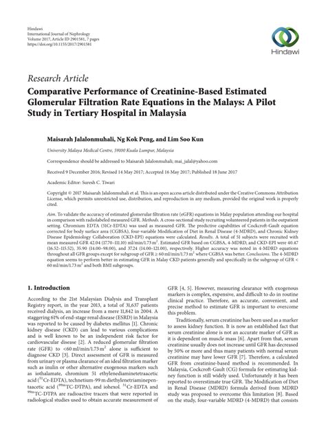 Pdf Comparative Performance Of Creatinine Based Estimated Glomerular Filtration Rate Equations