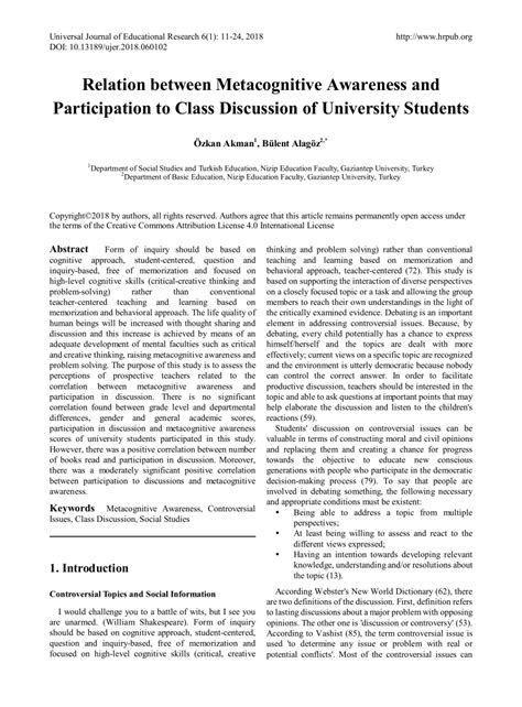 Pdf Relation Between Metacognitive Awareness And Participation To Class Discussion Of