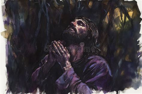 Jesus In The Garden Of Gethsemane Praying Earnestly With Sweat Like