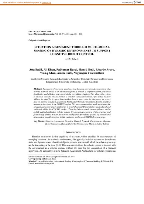 Pdf Situation Assessment Through Multi Modal Sensing Of Dynamic Environments To Support