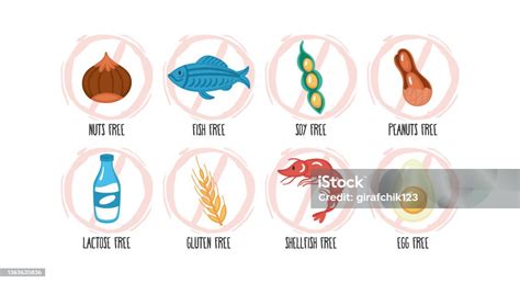 알레르기 식품 손으로 그린 스티커 세트 유당 무료 계란 견과류 땅콩 조개 생선 콩과 밀 레스토랑 메뉴 디자인 라벨 갑각류에 대한