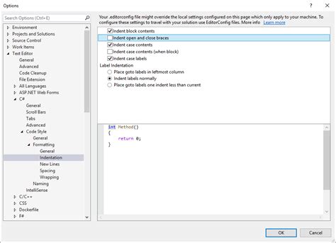 Tools Options Text Editor C Code Style Formatting Doesn