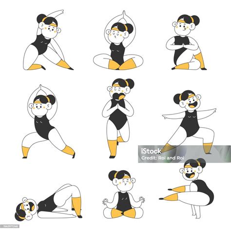 요가를 하는 귀여운 소녀들은 흰색 배경에 고립된 벡터 만화 캐릭터를 포즈를 취한다 건강한 생활방식에 대한 스톡 벡터 아트 및 기타 이미지 건강한 생활방식 귀여운 균형