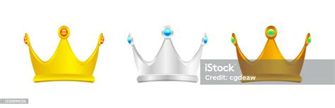 흰색에 고립 된 골드 실버와 구리 크라운 아이콘을위한 고급 크라운 장식 왕 또는 여왕을위한 빈티지 크라운 럭셔리 크라운 골든