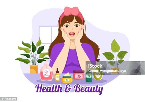 아름다움과 건강 일러스트레이션 천연 화장품과 에코 제품 문제 피부 또는 치료 얼굴 여성 만화 손으로 그린 템플릿 건강한 생활방식에 대한 스톡 벡터 아트 및 기타 이미지
