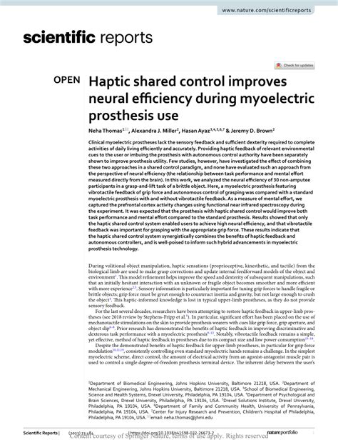 Pdf Haptic Shared Control Improves Neural Efficiency During