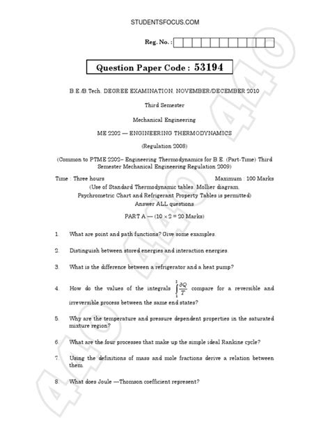Question Paper Thermodynamics Pdf Humidity Steam