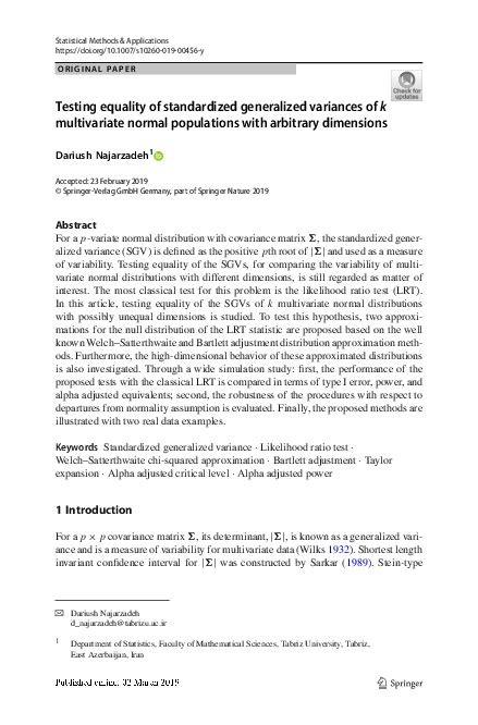 Pdf Testing Equality Of Standardized Generalized Variances Of K Multivariate Normal