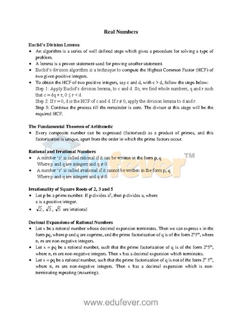 Chapter 1 Real Numbers Revision Notes Real Numbers Euclids Division Lemma An Algorithm Is A