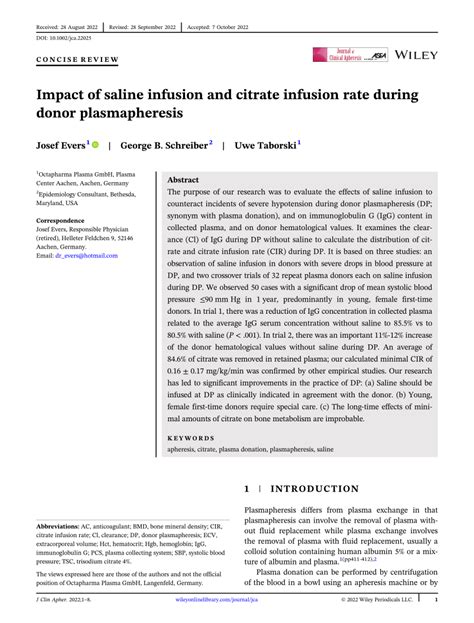 Pdf Impact Of Saline Infusion And Citrate Infusion Rate During Donor