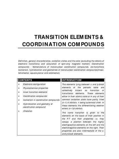 Tranisition Elements 01 Theory Pdf Coordination Complex