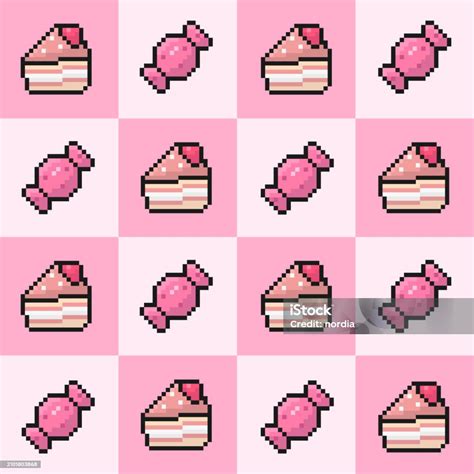 달콤한 음식 원활한 패턴 픽셀 아트 과자 핑크 색상 사탕 케이크 조각 배경 벽지 벡터 일러스트 레이 션에 딸기 1990 1999 년에 대한 스톡 벡터 아트 및 기타 이미지